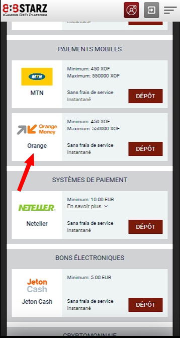 Dépôt et retrait d'argent Orange Money de 888starz - Ivoire Bets CI
